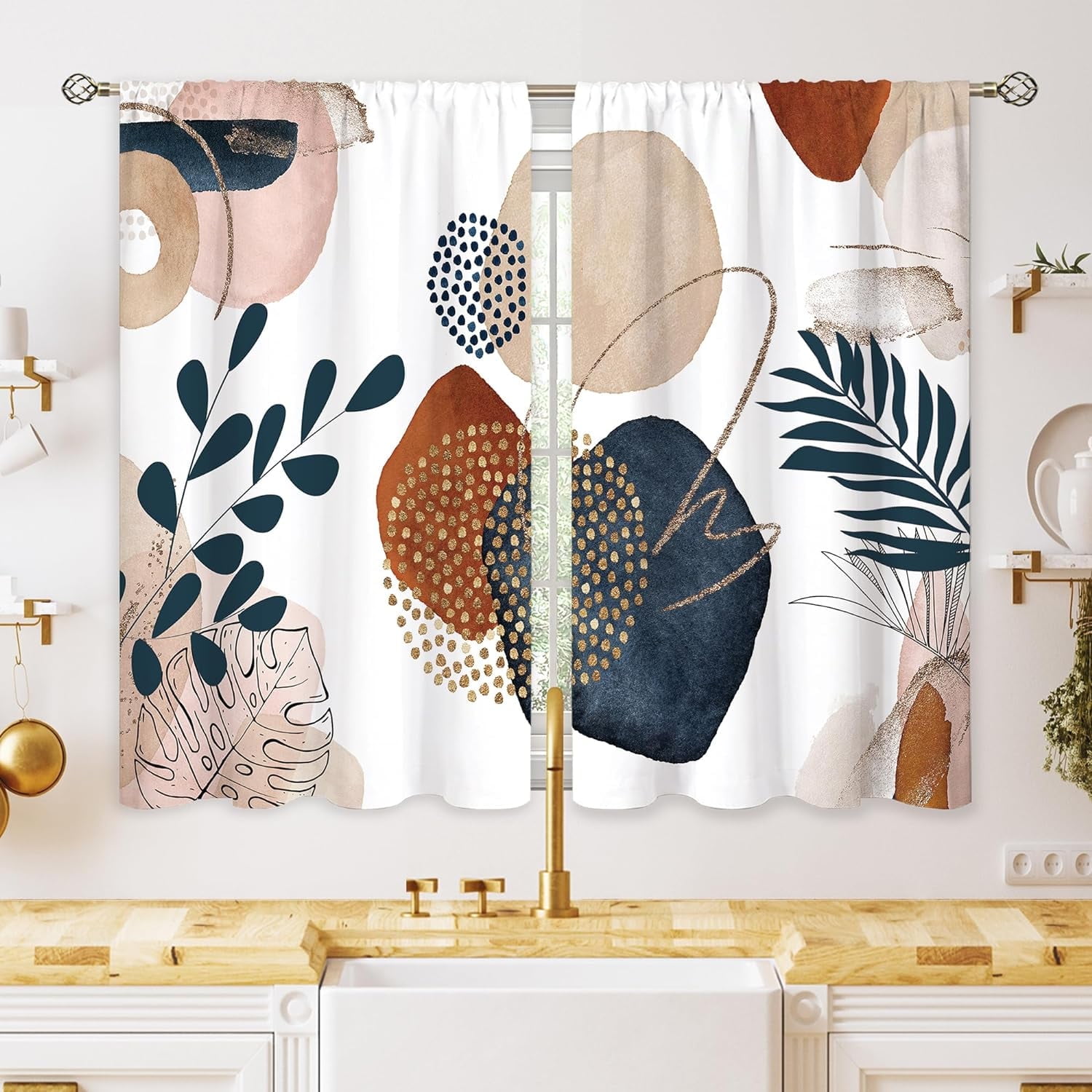 Abstract Mid Century Small Kitchen Curtains Leaf Window Treatment Boho ...