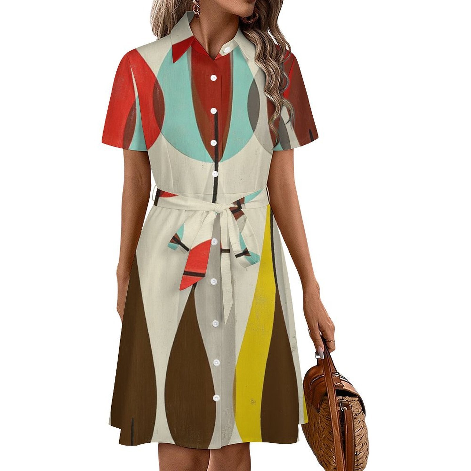 Abstract Midcentury Teardrop Art Womens Shirt Dresses Women'S Short ...