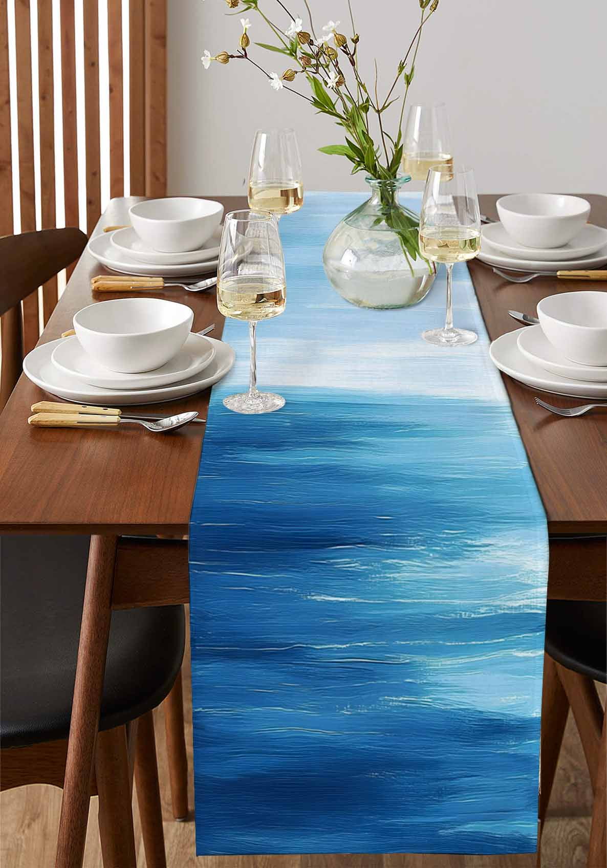 Abstract Minimalism Blue Ocean Waves Table Runner 13x72in Non-Slip ...