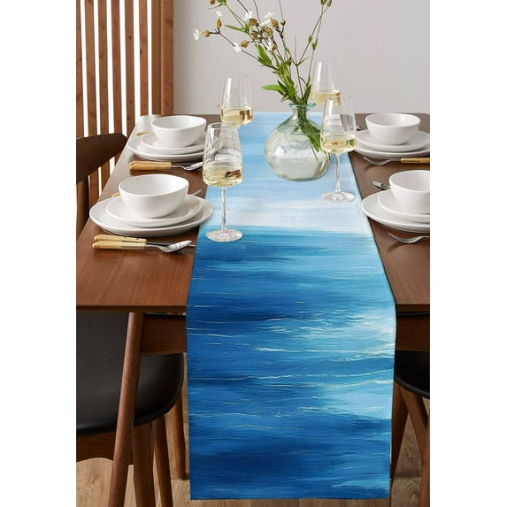 Abstract Minimalism Blue Ocean Waves Table Runner 13x72in Non-Slip Cotton Linen Table Runners ...