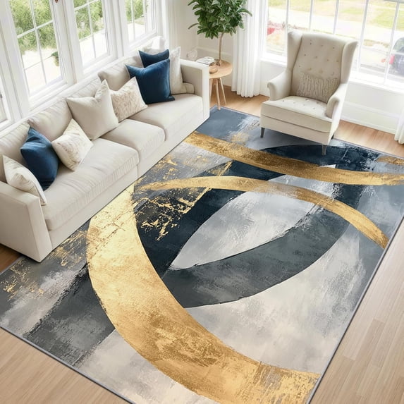 Abstract Minimalist Area Rugs, Gold Curve Luxury Carpet, Washable Non ...