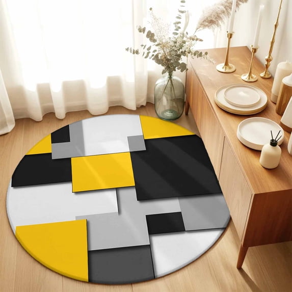 Abstract Minimalist Color Block Round Rug 3ft Yellow Black White Gray ...