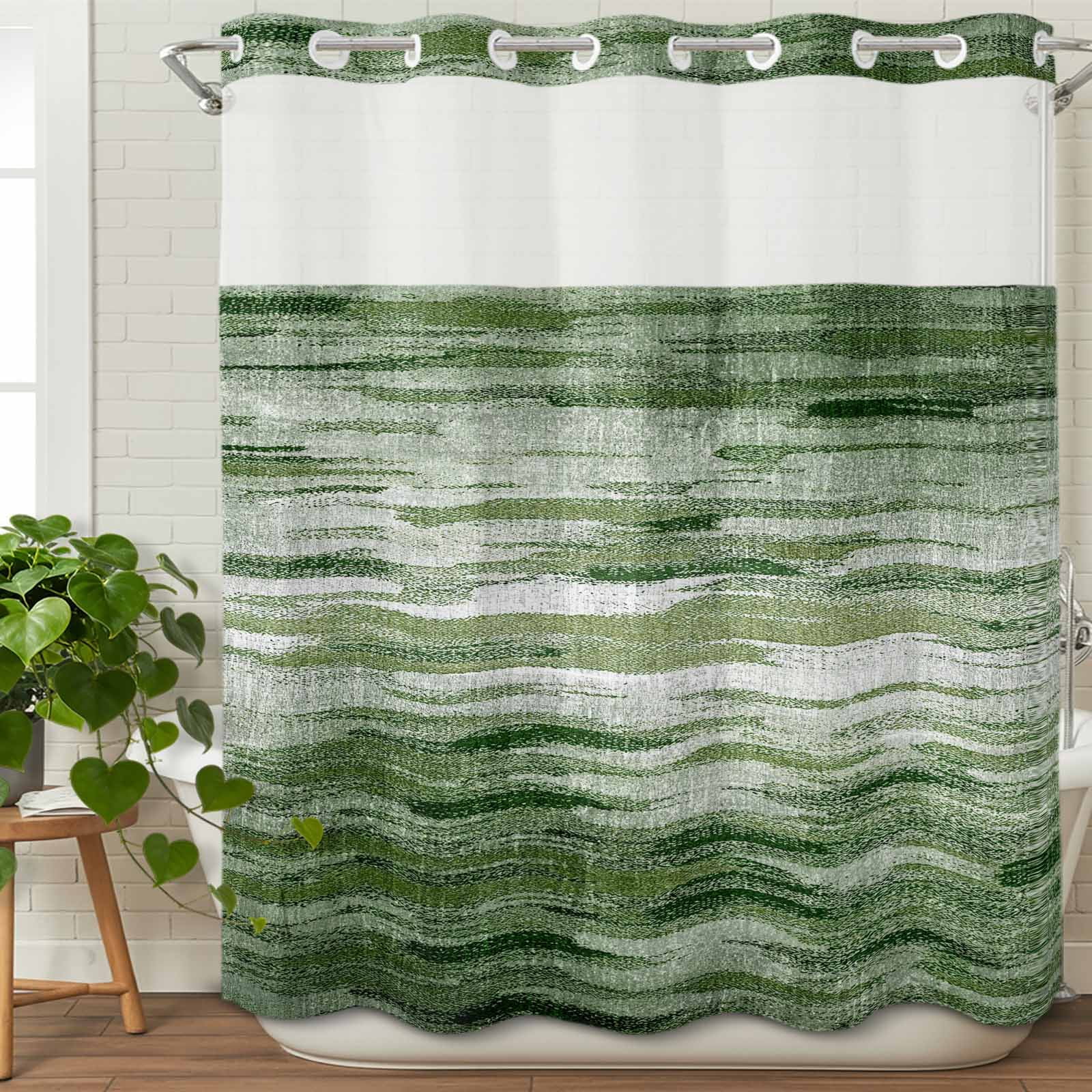 Abstract Minimalist Green Texture No Hook Shower Curtain with Snap in ...
