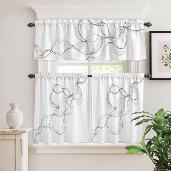 Abstract Minimalist Line on White Curtain Tier and Valance Set 3 Piece ...