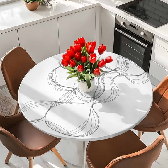 Abstract Minimalist Line on White Round Fitted Tablecloth with Elastic ...