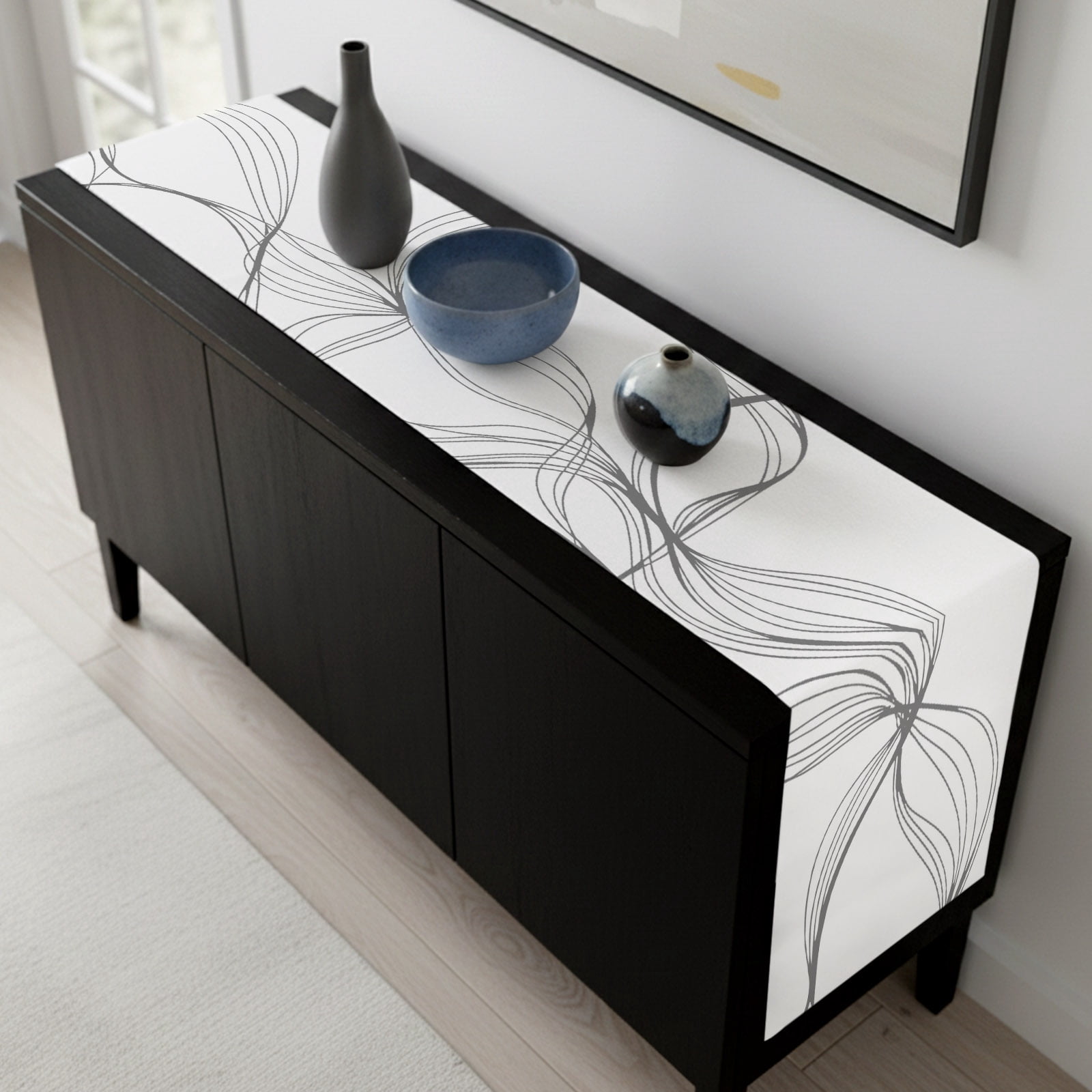 Abstract Minimalist Line on White Table Runner 90 Inches Long,Kitchen ...
