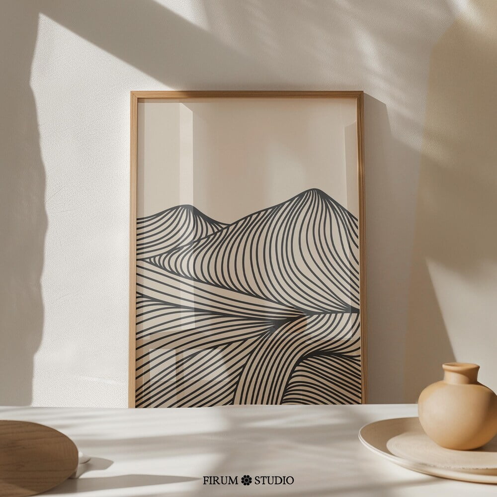 Abstract Minimalist Mountain Lines Print Art, Neutral Beige And Black ...
