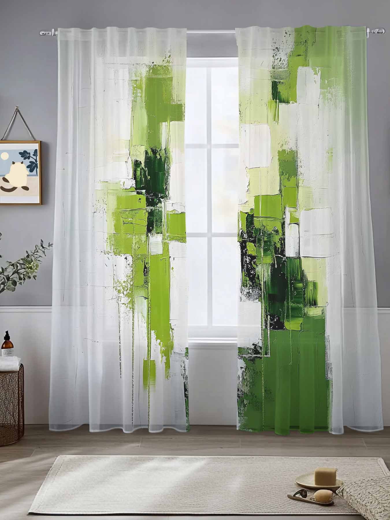 Abstract Minimalist Sheer Curtains 96 Inches Long 2 Panels Green White ...