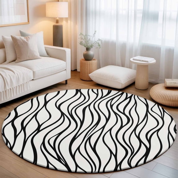 Abstract Minimalist Stripe Art Round Rug 5ft Black Wave Line on White ...