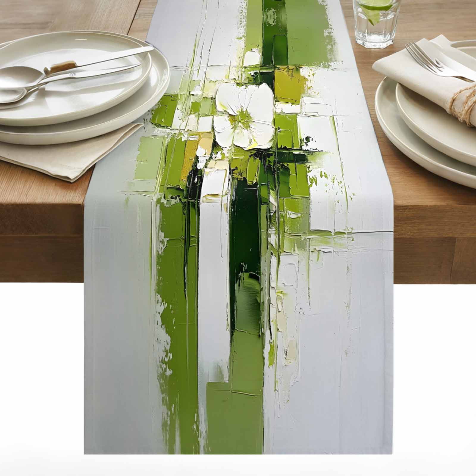 Abstract Minimalist Table Runner 13x120 inch Green White Geometric ...