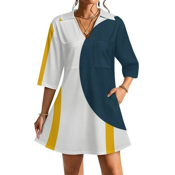 Abstract Minimalist Yellow Blue Art Womens Dress With Pockets Summer V ...