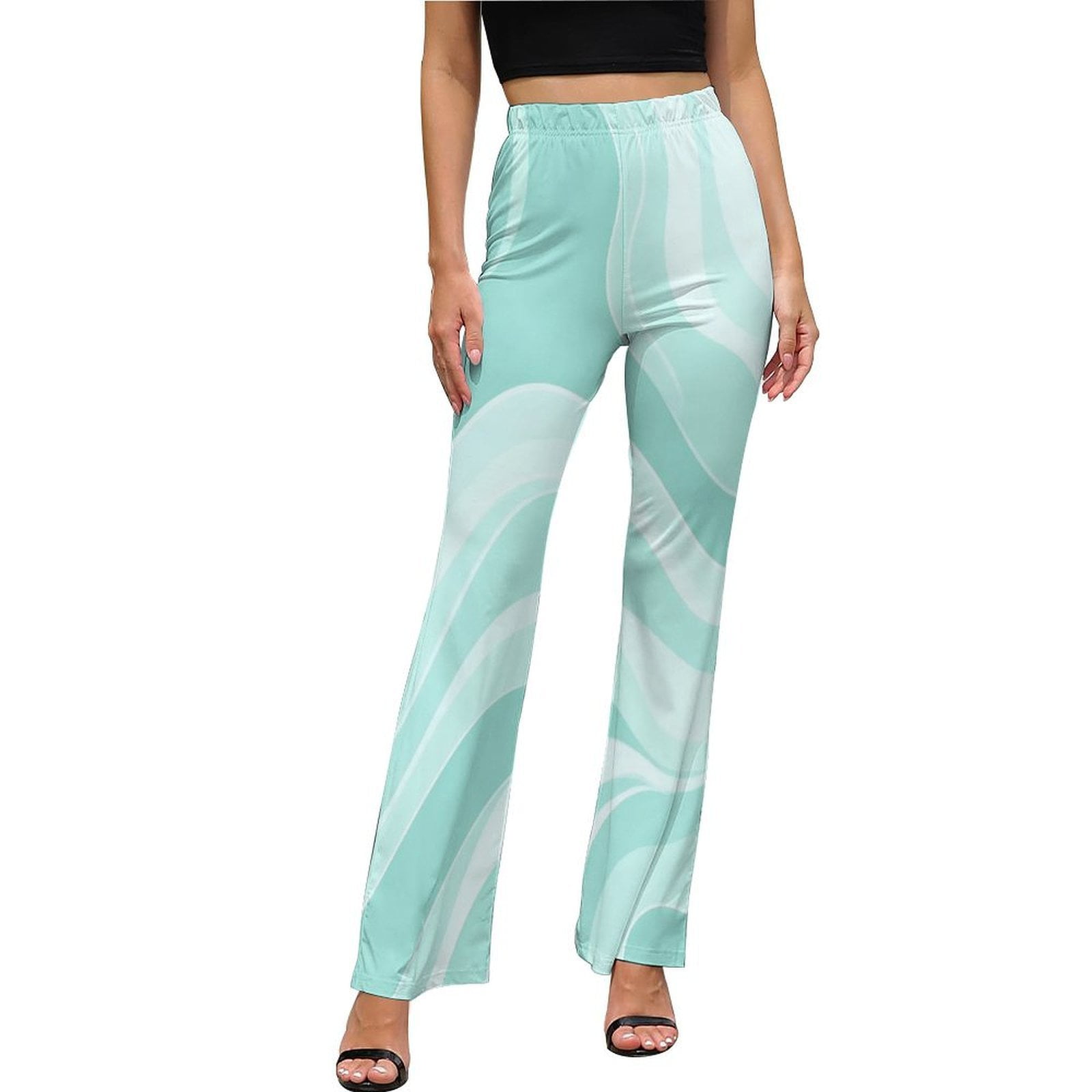 Abstract Mint Wavy Pattern Design High Waisted Casual Flared Trousers ...