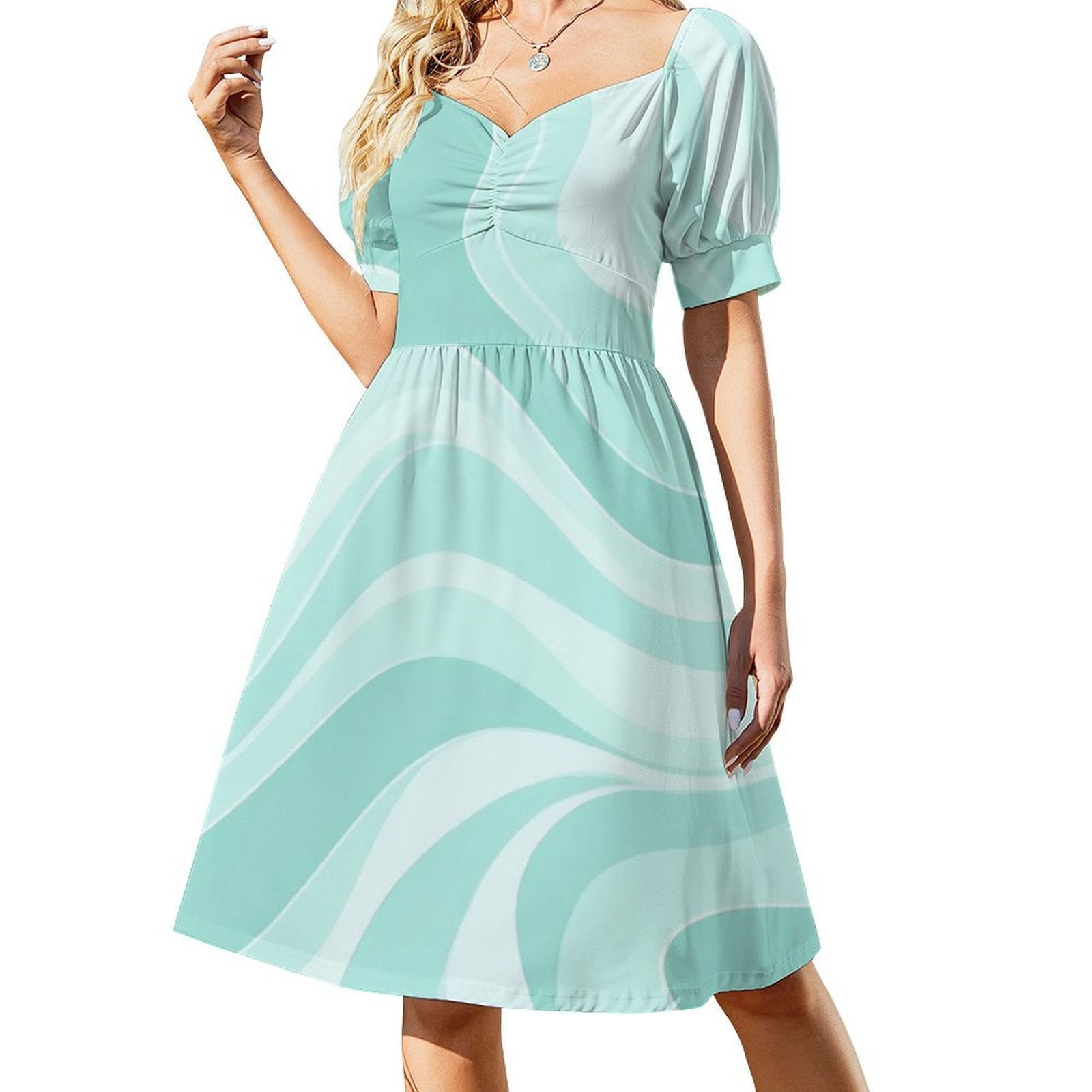 Abstract Mint Wavy Pattern Design Short Sleeve Dress Clothes Women's ...
