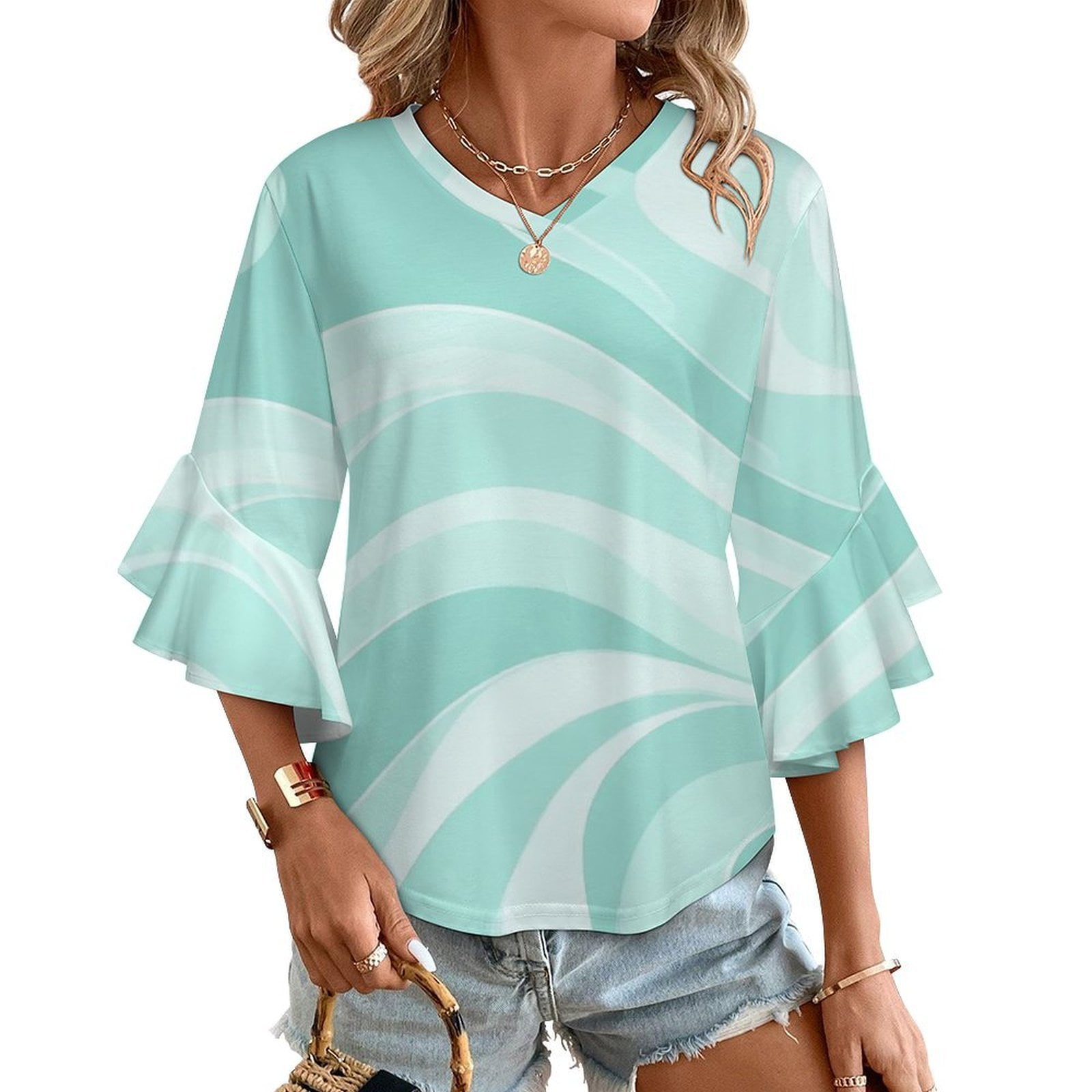 Abstract Mint Wavy Pattern Design Women's V-Neck Blouse With 3/4 ...