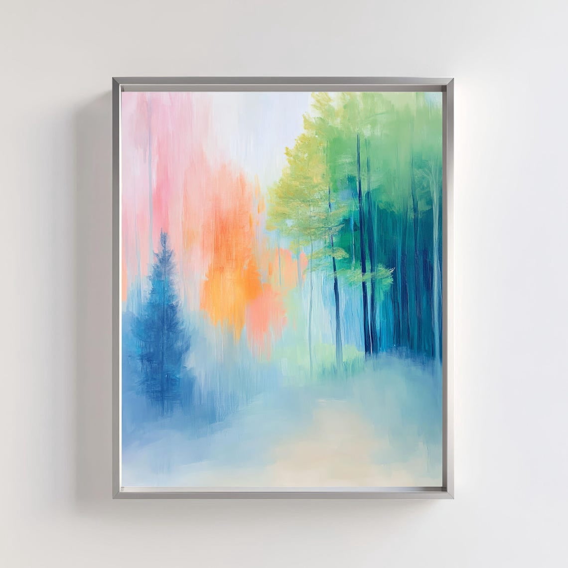 Abstract Misty Forest View Print, Evergreen Foggy Pine Tree Art, Pastel ...