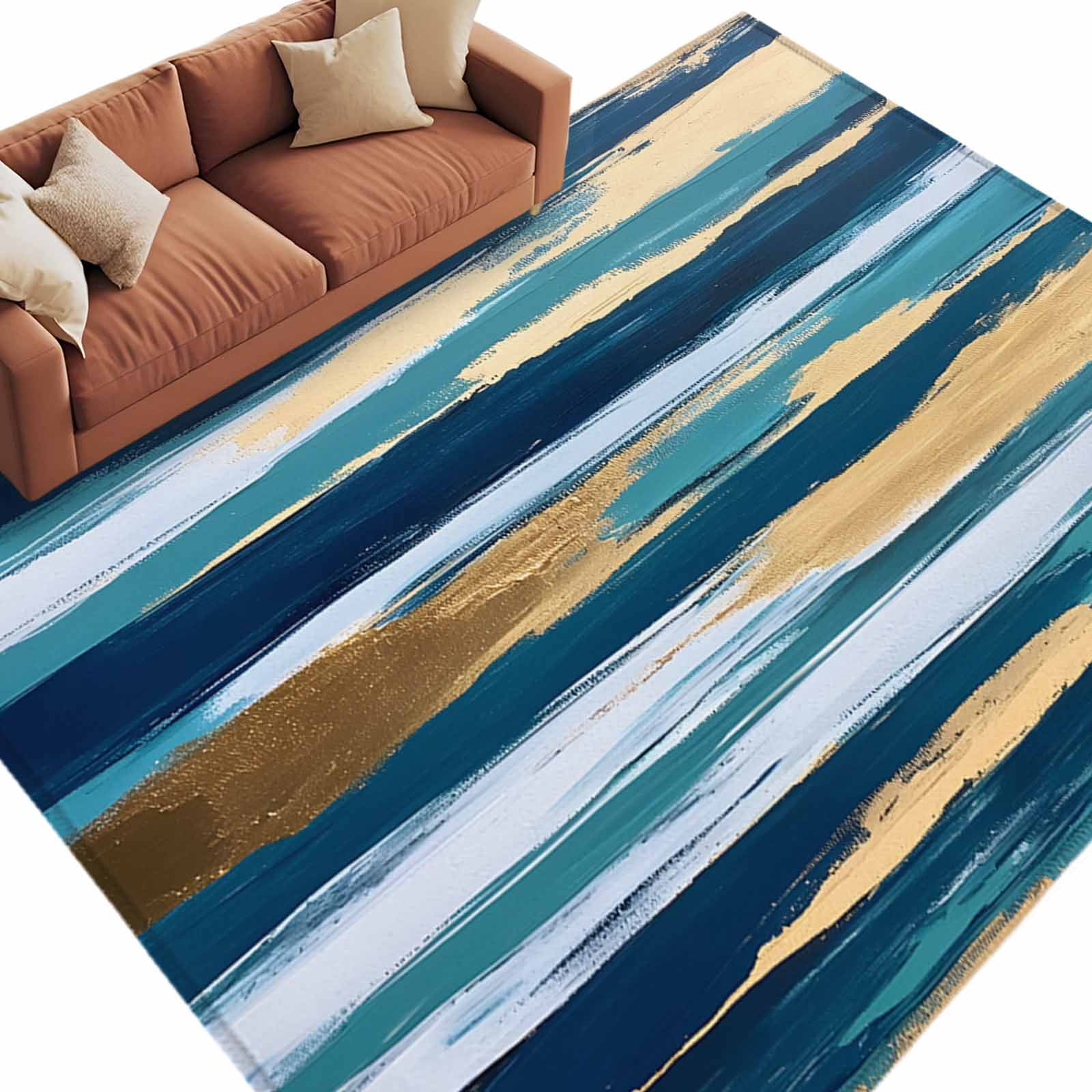 Abstract Modern Area Rug 5x8ft Gold and Navy Blue Non-Slip Washable ...