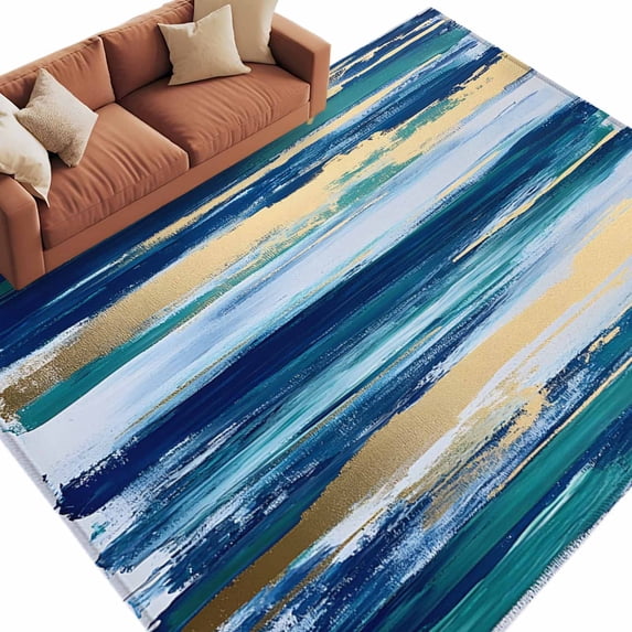 Abstract Modern Area Rug 8x10ft Blue Gold Ripple Non-Slip Washable ...