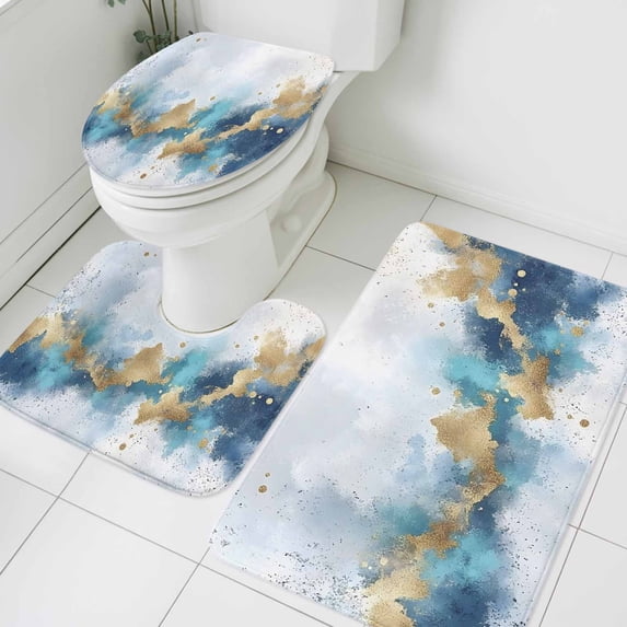 Abstract Modern Art Bathroom Rugs Set Blue Gold Blooming Effect Non ...