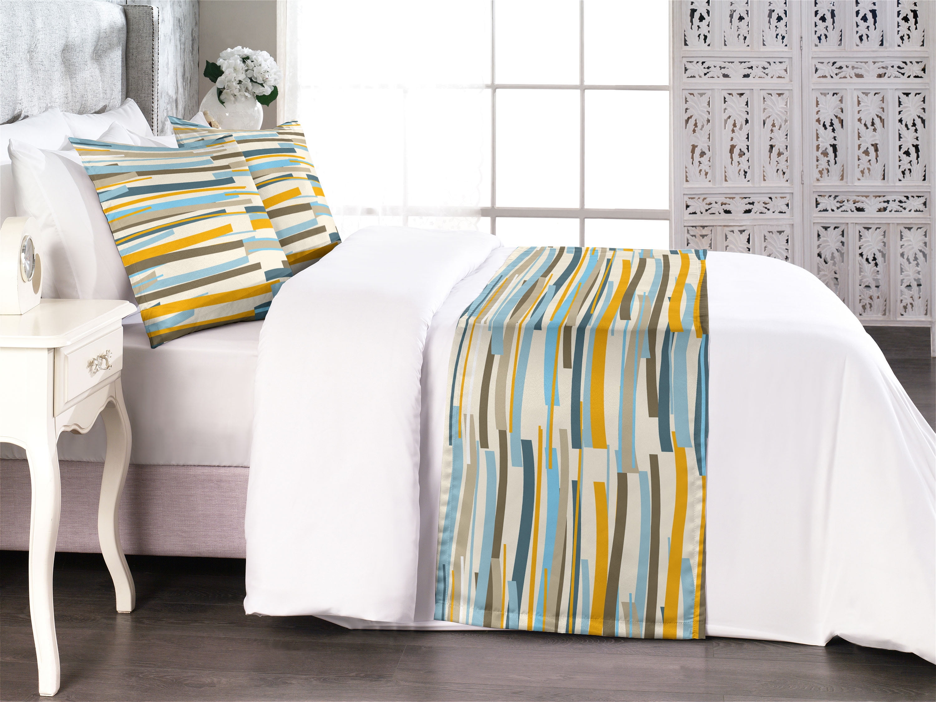 Abstract Modern Art Bed Runner Set, Neutral Colors Boho Stripes Simple ...