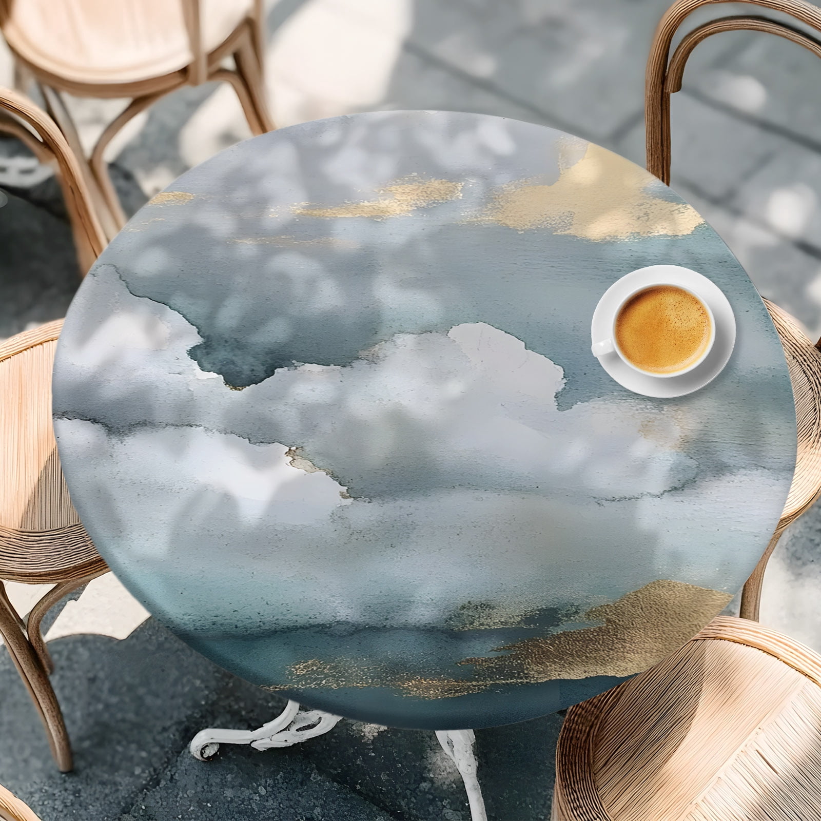 Abstract Modern Art Gold Blue Cloud Sky Round Fitted Tablecloth with ...