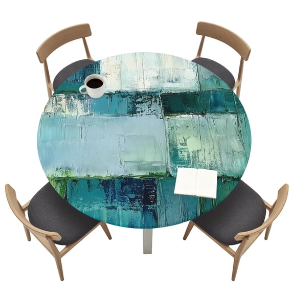 Abstract Modern Art Round Fitted Tablecloth Watercolor Green Geometric ...