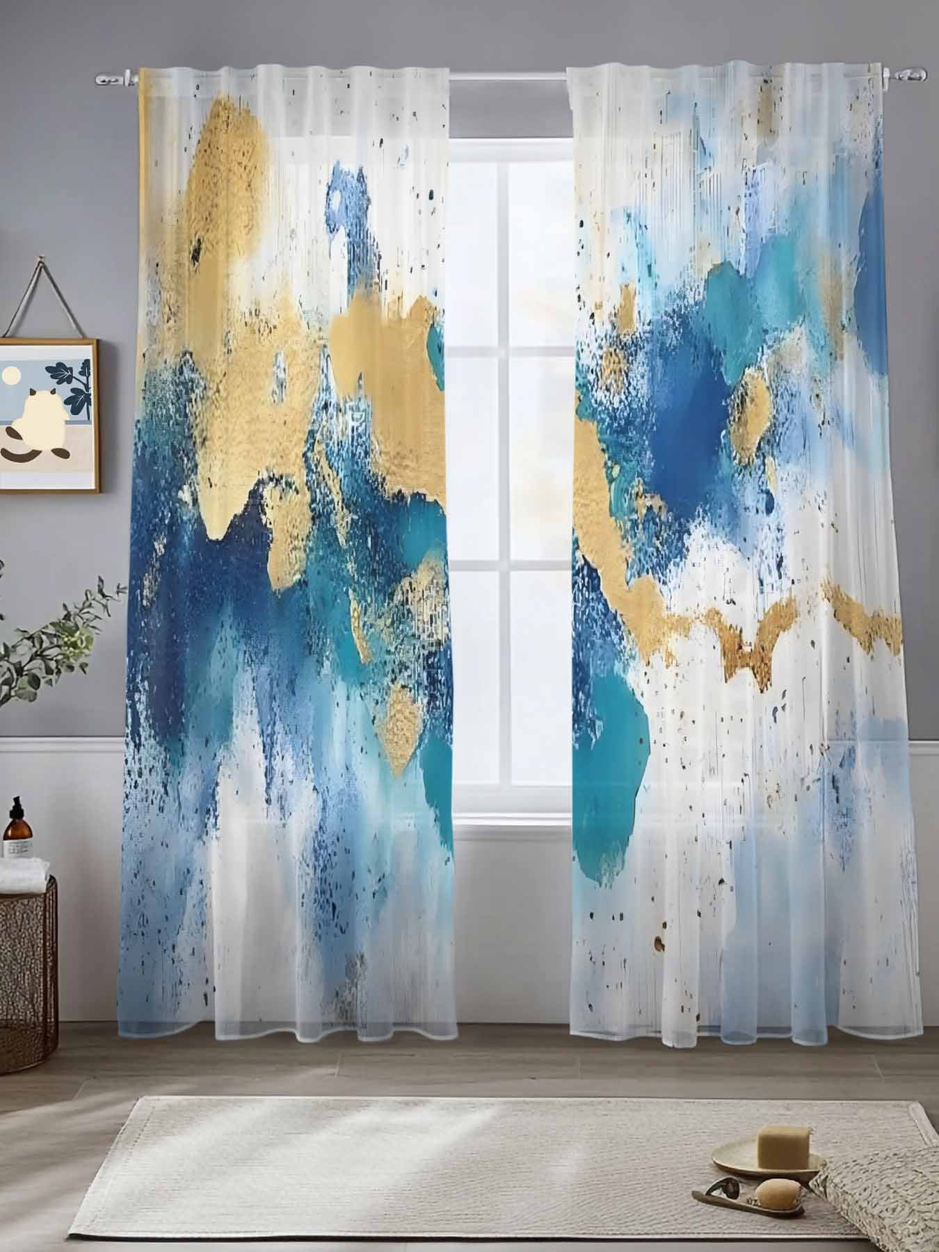 Abstract Modern Art Sheer Curtains 96 Inches Long 2 Panels Gold Blue ...