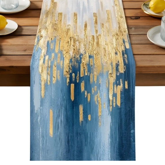 Abstract Modern Art Table Runner, Blue Yellow Street Art Cotton Linen ...