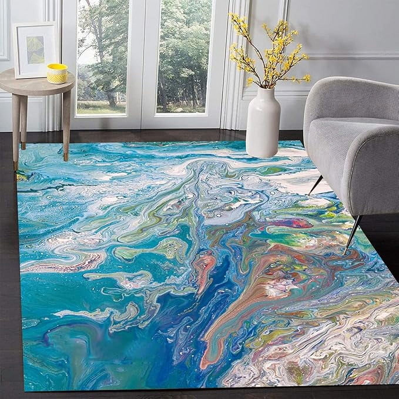Abstract Modern Blue Pink Liquid Area Rug Multicolor Art Deco Rug For ...