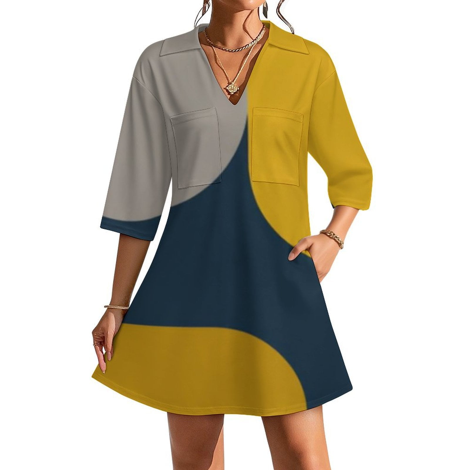 Abstract Modern Color Block Art Womens Dress With Pockets Summer V Neck ...