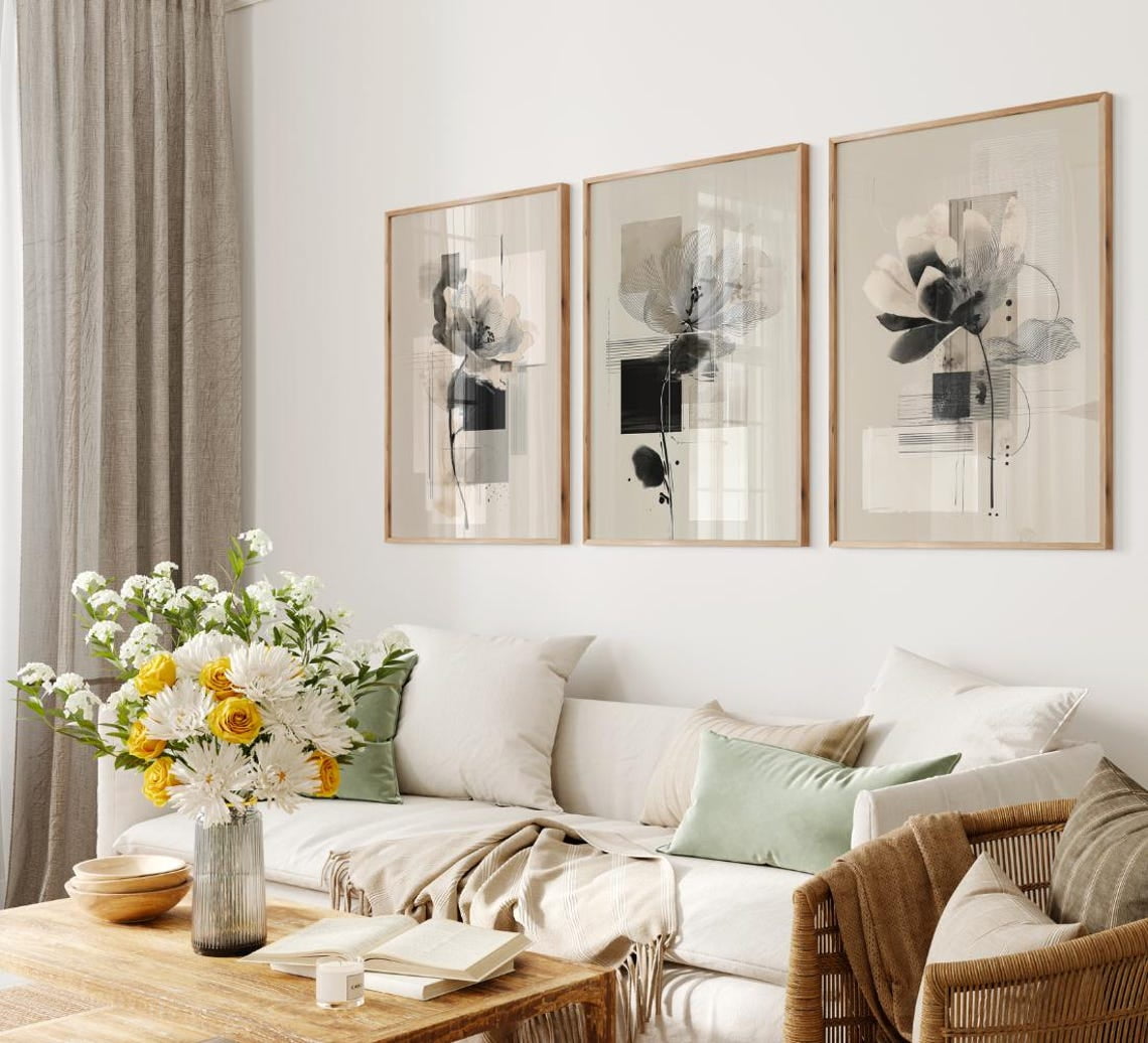 Abstract Modern Floral Art Beige Black Minimalist Posters Neutral ...