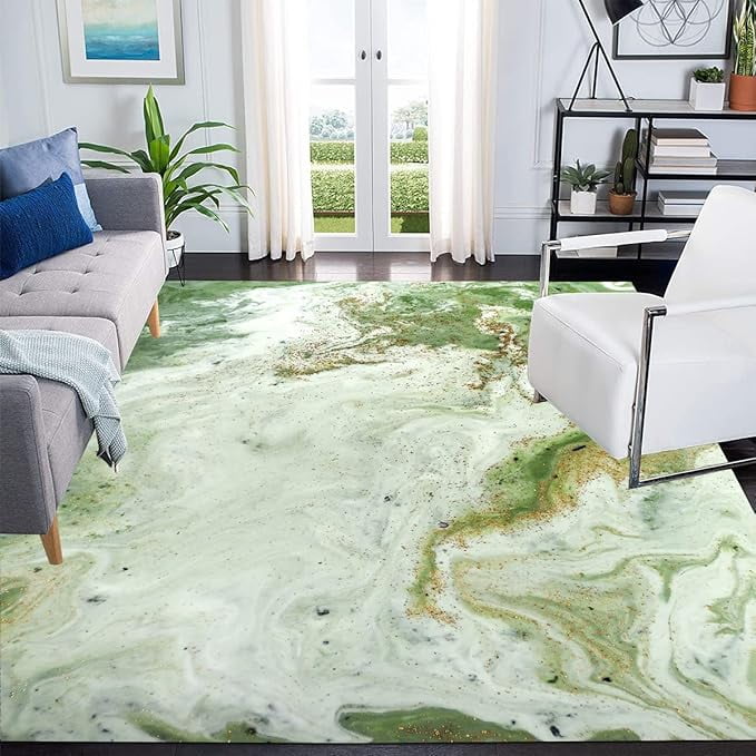 Abstract Modern Green Marble Area Rug For Living Room Bedroom Washable ...