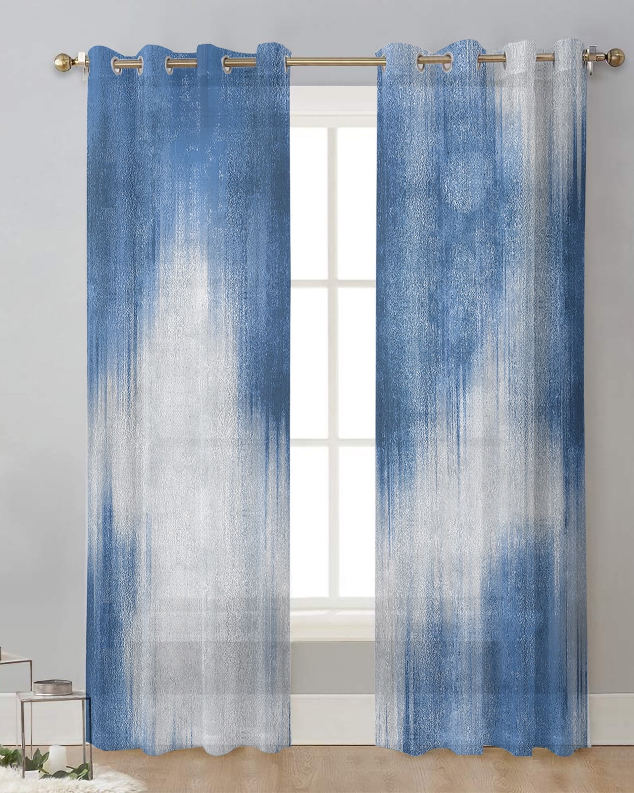 Abstract Modern Line Blue Voile Hanging Curtain Living Room Sheer ...