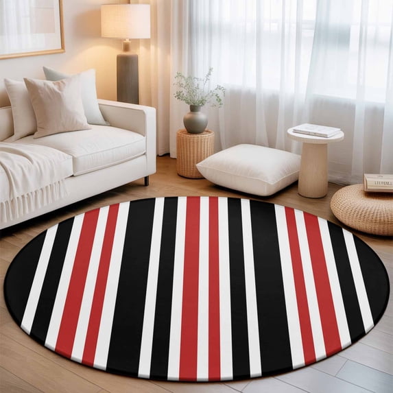 Abstract Modern Lines Round Rug 5ft Red Black White Stripes Washable ...