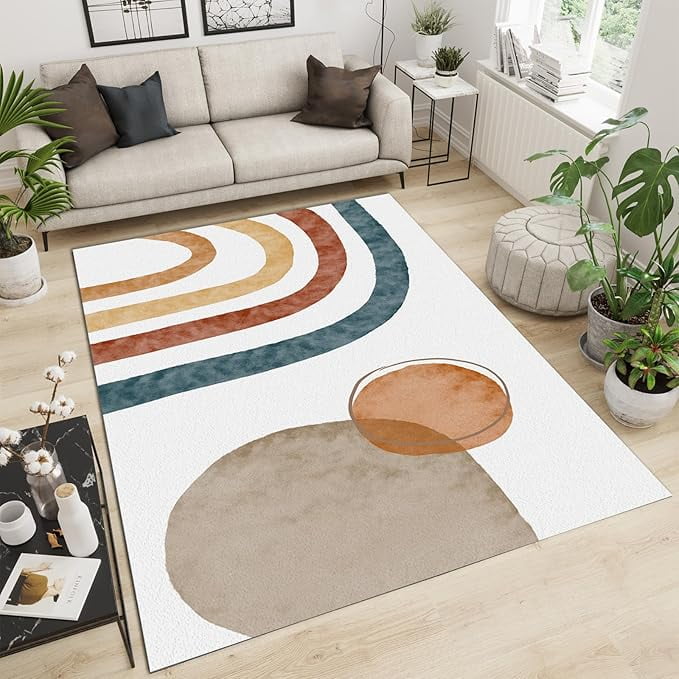 Abstract Modern Mid Century Geometry Sun Area Rug, Retro Beige Colorful ...