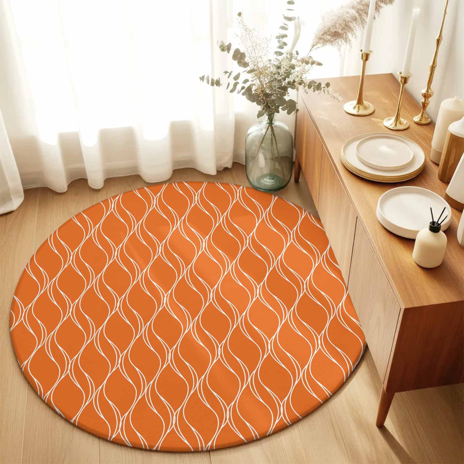 Abstract Modern Orange Wave Line Round Rug 3ft Geometric Pattern Art ...