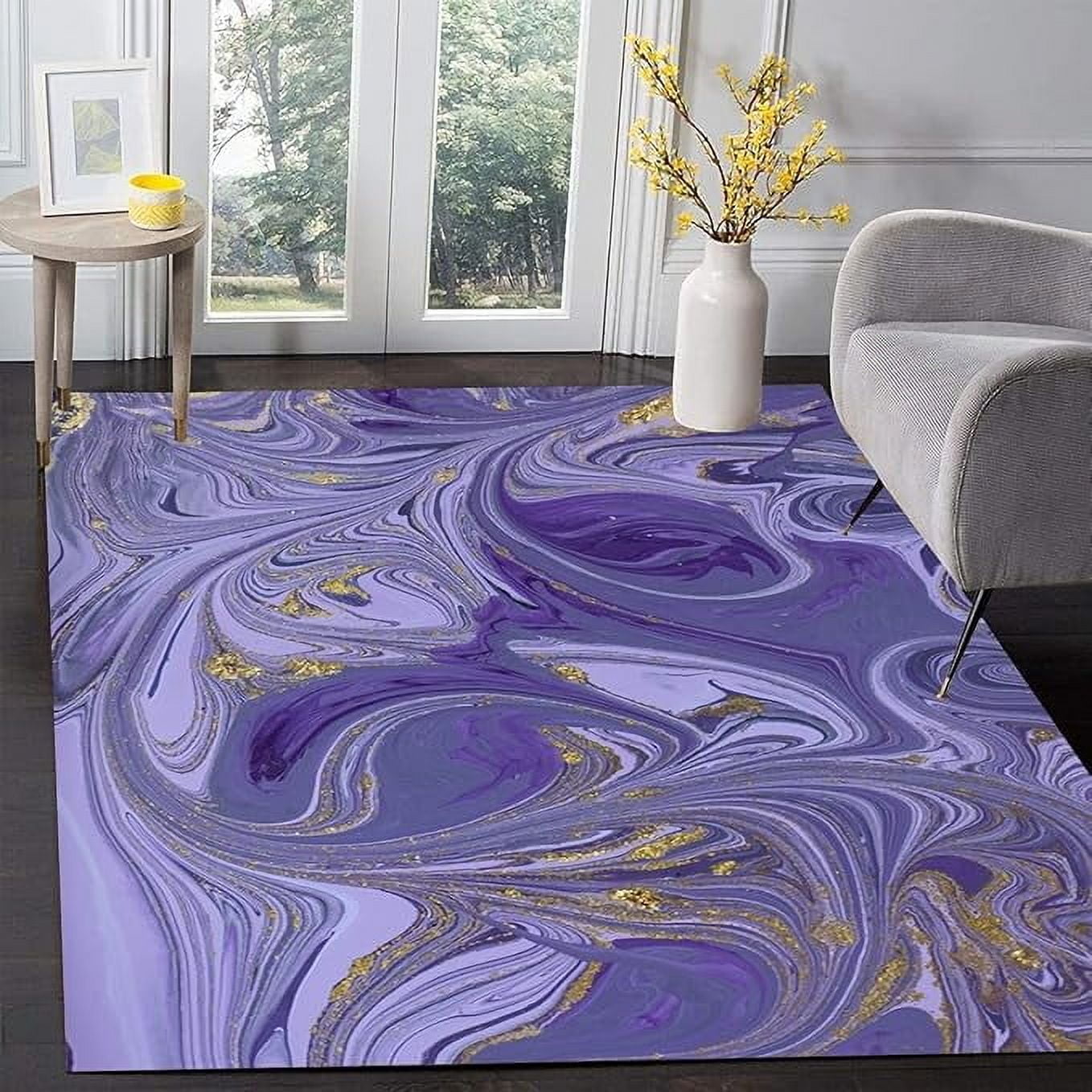 Abstract Modern Purple Gold Marble Swirl Liquid Area Rug For Living ...