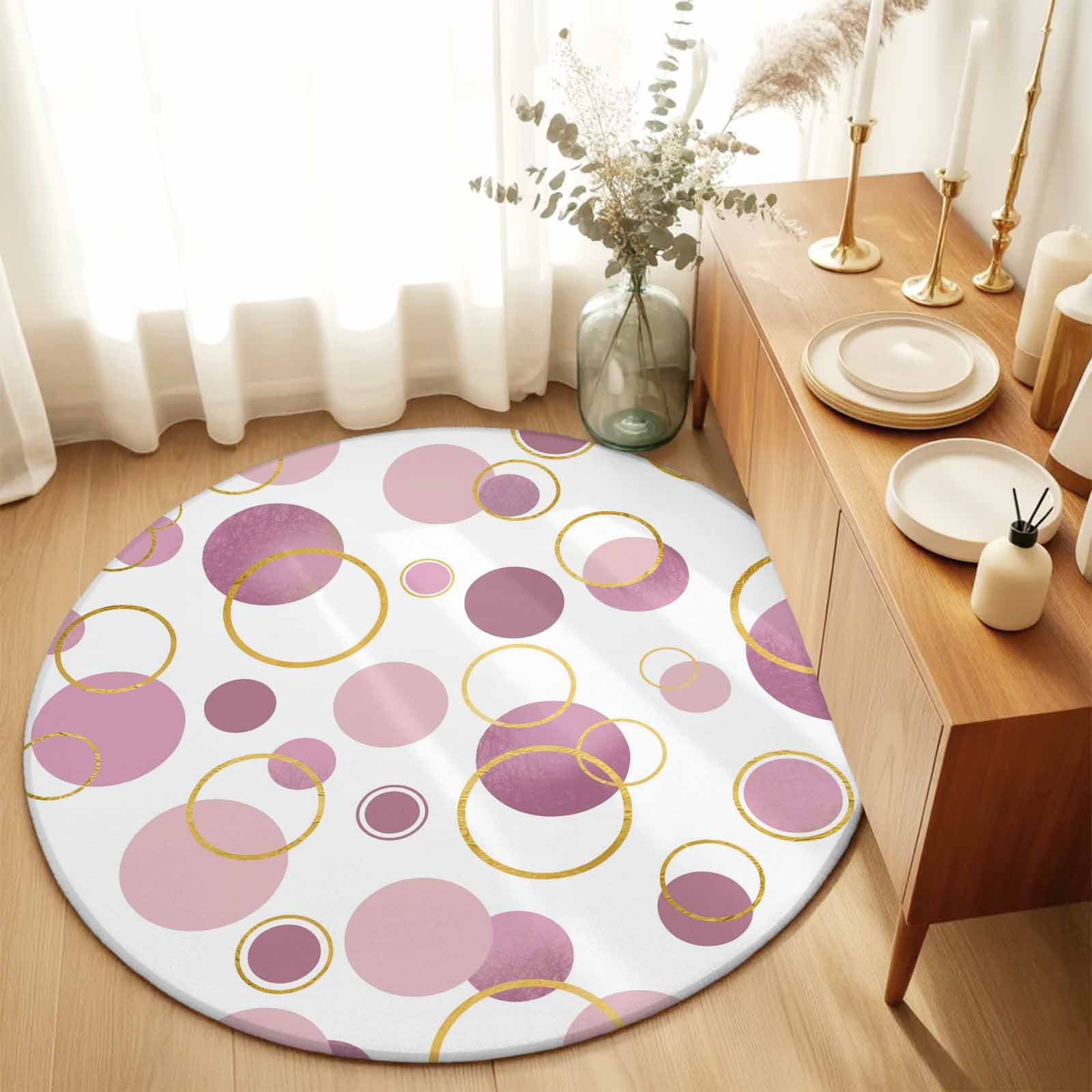 Abstract Modern Purple Pink Dots Round Rug 3ft Golden Circle Washable ...