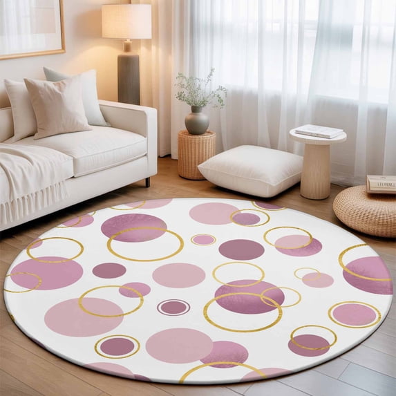 Abstract Modern Purple Pink Dots Round Rug 5ft Golden Circle Washable ...