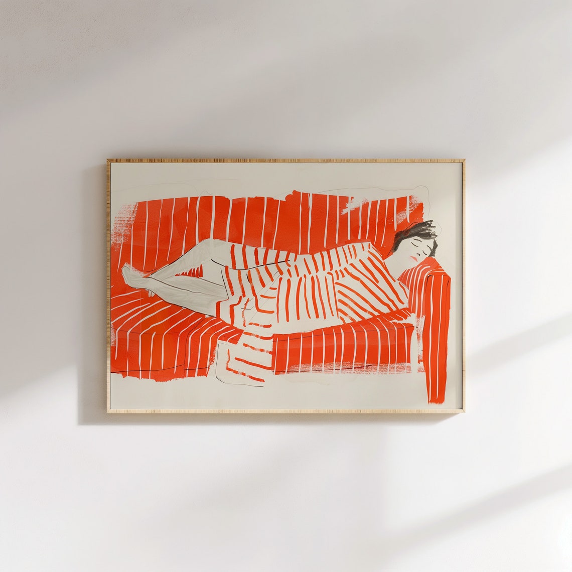 Abstract Modern Relaxing Woman In Red Striped Outfit On Sofa Large ...