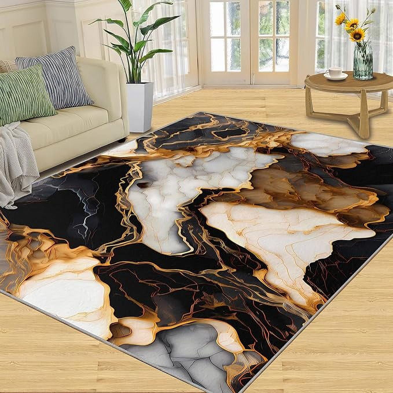 Abstract Modern Rug, Washable Rug Black And Gold Rugs For Living Room ...