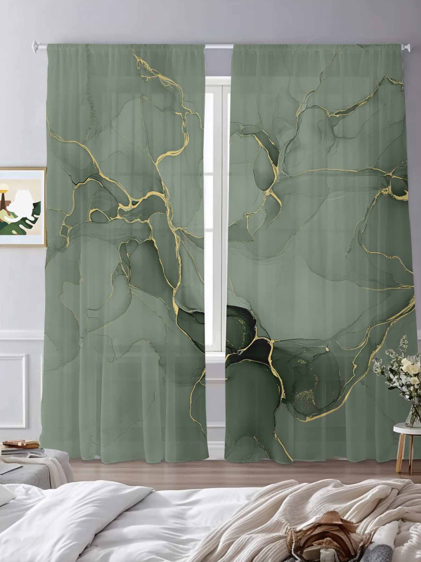 Abstract Modern Sage Green Marble Sheer Curtains 2 Panels Set Natural ...