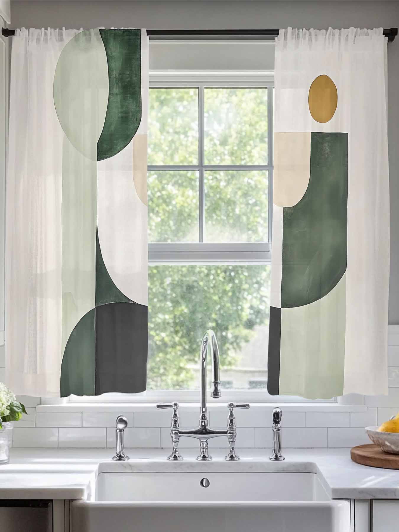 Abstract Modern Sheer Curtains 63 Inches Long 2 Panels Watercolor Green ...
