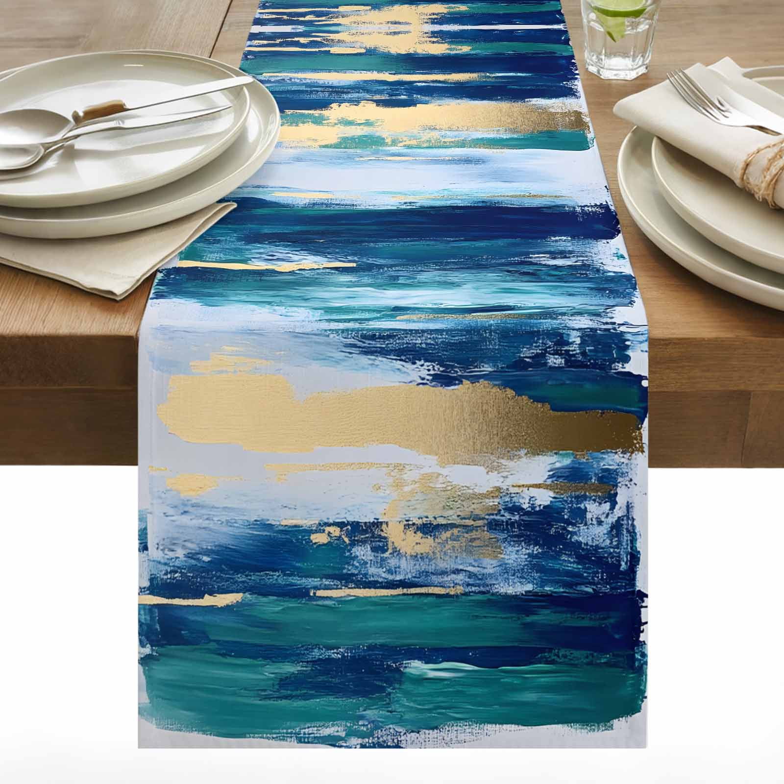 Abstract Modern Table Runner 13x120 inch Blue Gold Ripple Cotton Linen ...