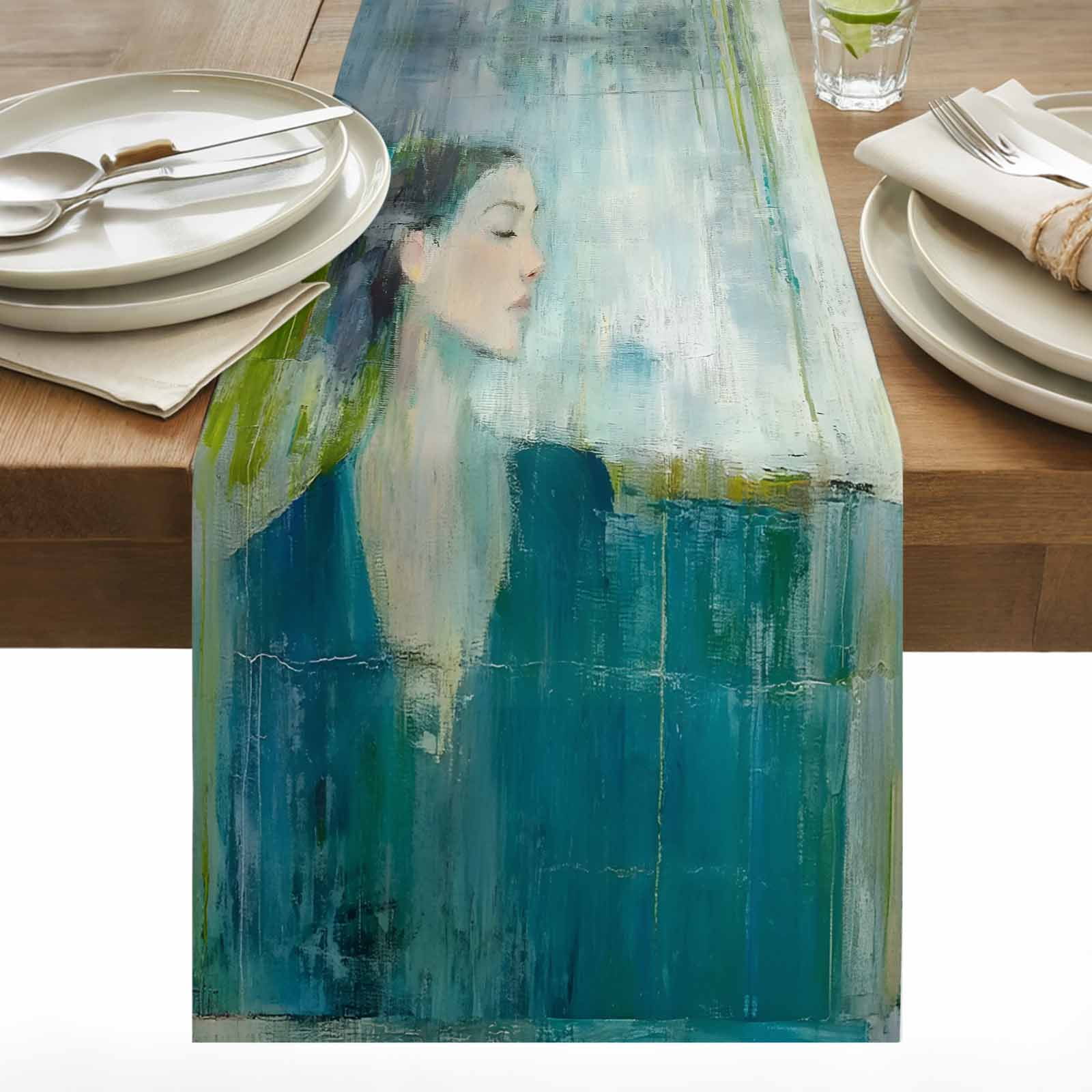 Abstract Modern Table Runner 13x72 inch Vintage Watercolor Green ...