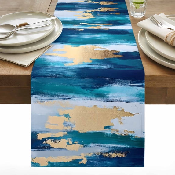 Abstract Modern Table Runner 13x90 inch Gold Blue Ripple Cotton Linen ...