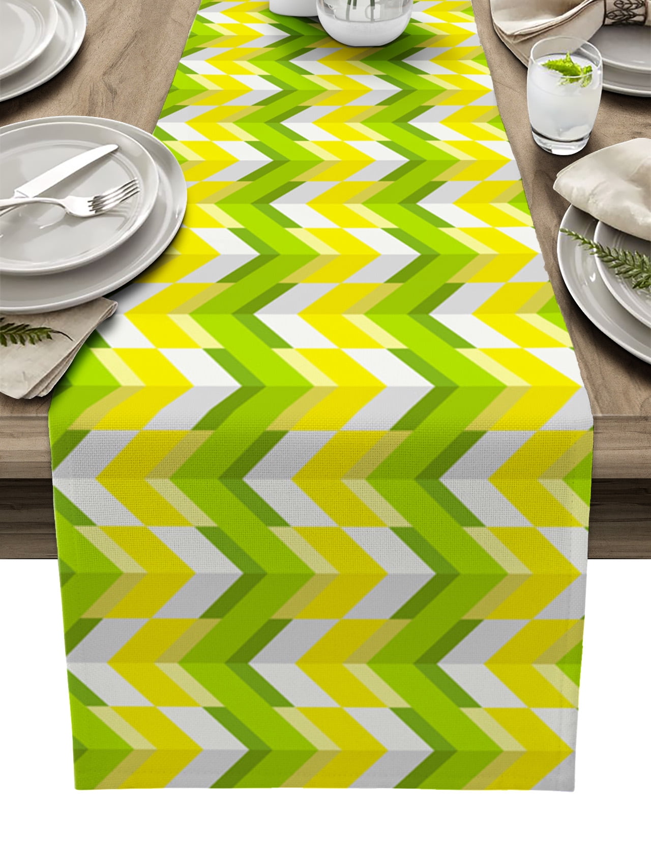 Abstract Modern, Table Runner 70 Inches, Yellow Green Geometriy Lines ...