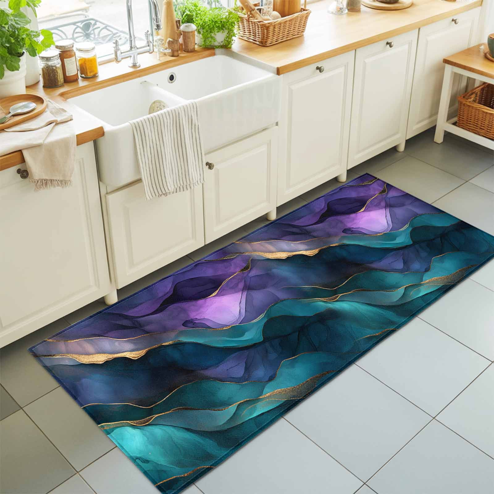 Abstract Modern Teal Purple Marble Rectangle Rug 2'x6' Natural Stone ...