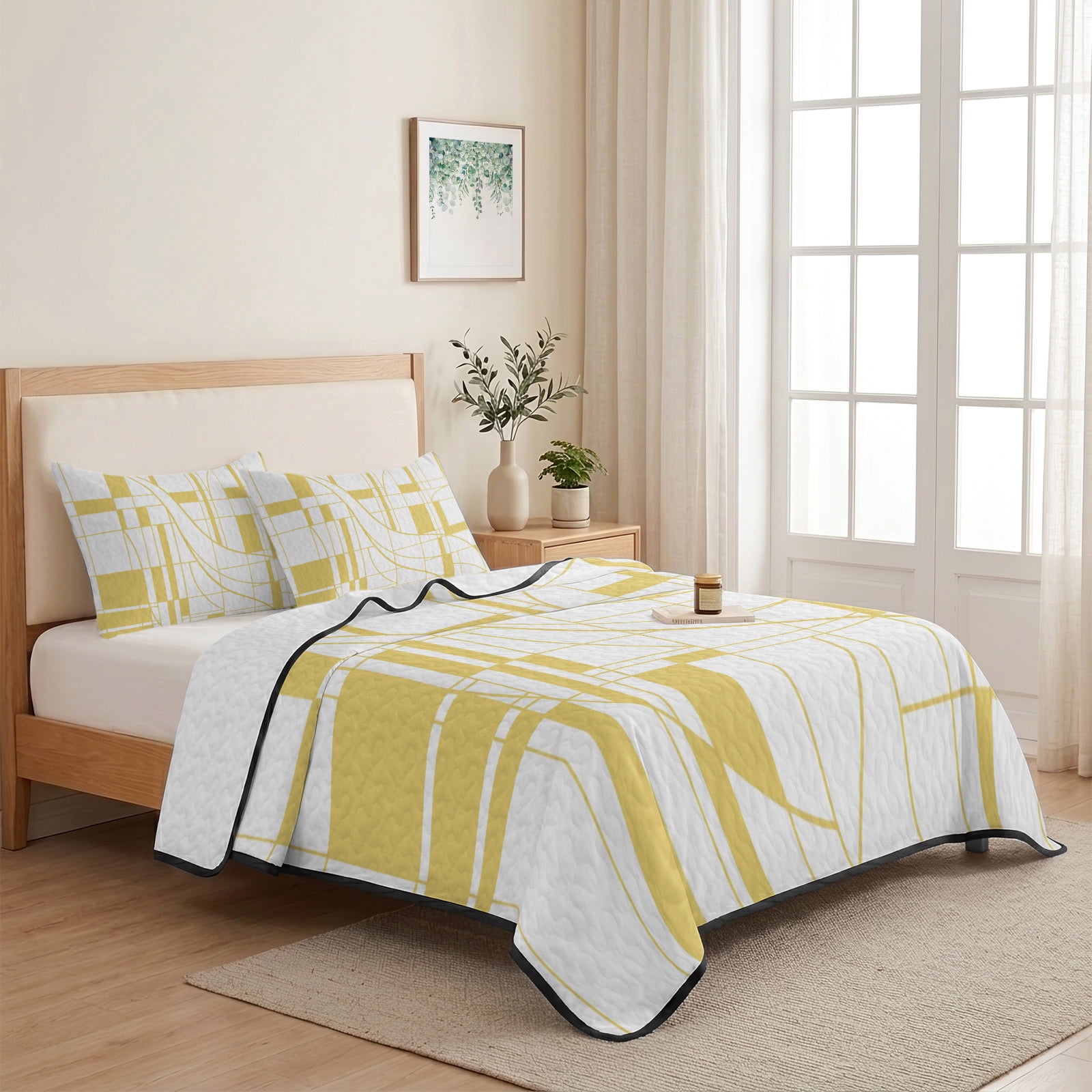 Abstract Modern Yellow Geometric Art 3 Pieces Quilt Set,1 Quilt with 2 ...