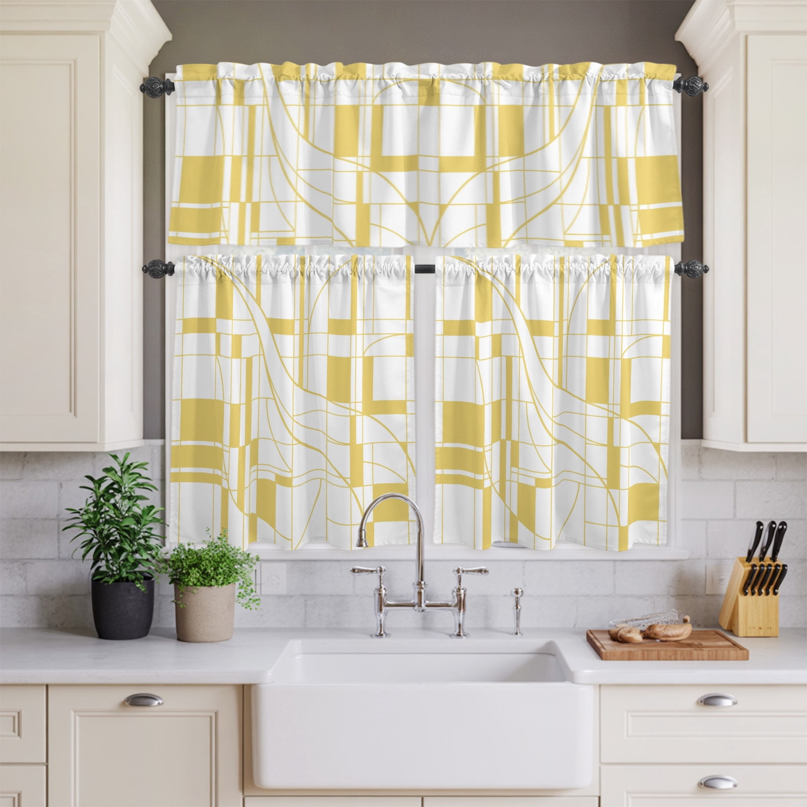 Abstract Modern Yellow Geometric Art Curtain Tier and Valance Set 3 ...