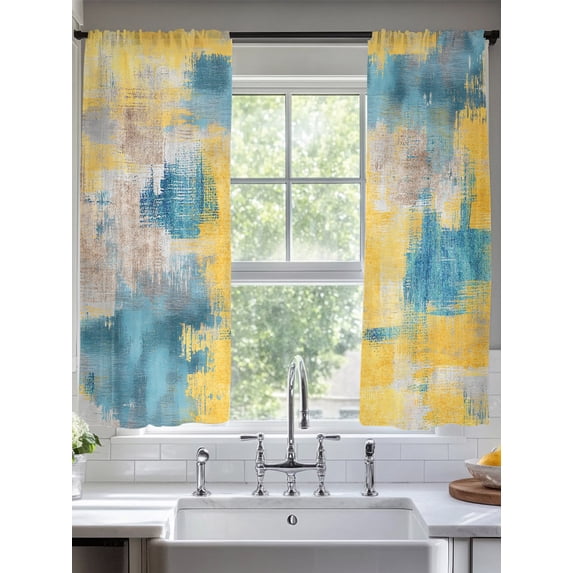 Abstract Modernism Art Sheer Curtains 2 Panels Set Yellow Teal Color ...